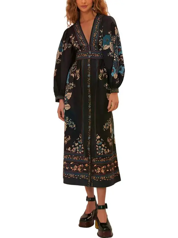 Farm Rio Blossom Tapestry Floral-print Midi Dress - Black