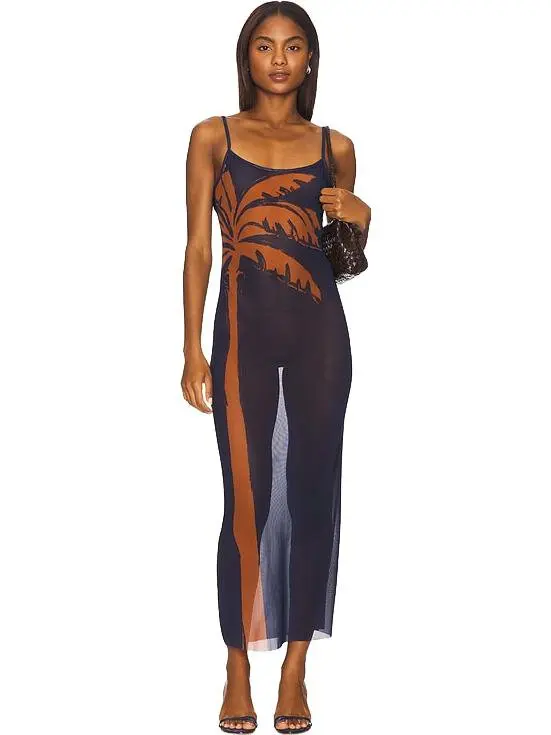 WeWoreWhat Mesh Scoop Maxi Slip Dress - Palm Placement Midnight Blue & Clay