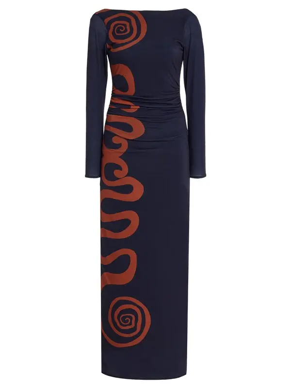 CALA DE LA CRUZ Malaga Printed Jersey Maxi Dress - Navy