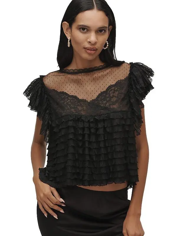 Maeve Sheer Ruffle Lace Blouse - Black Onyx