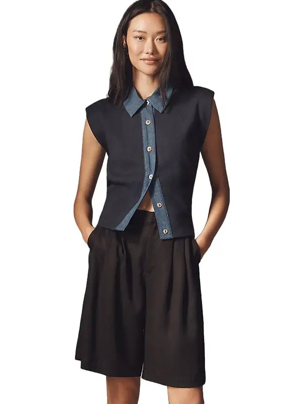 Maeve Collared Denim Muscle Sweater Vest - Navy