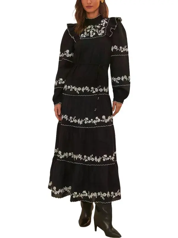 Farm Rio Floral-embroidered Tiered Ruffle Dress - Black