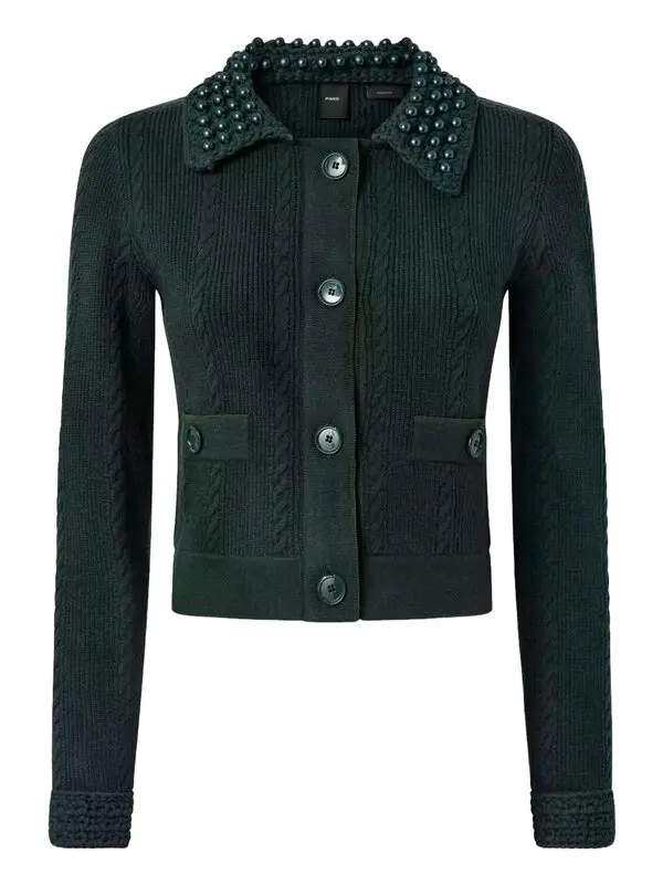 Pinko Cable-knit Pearl-embellished Cardigan - Green