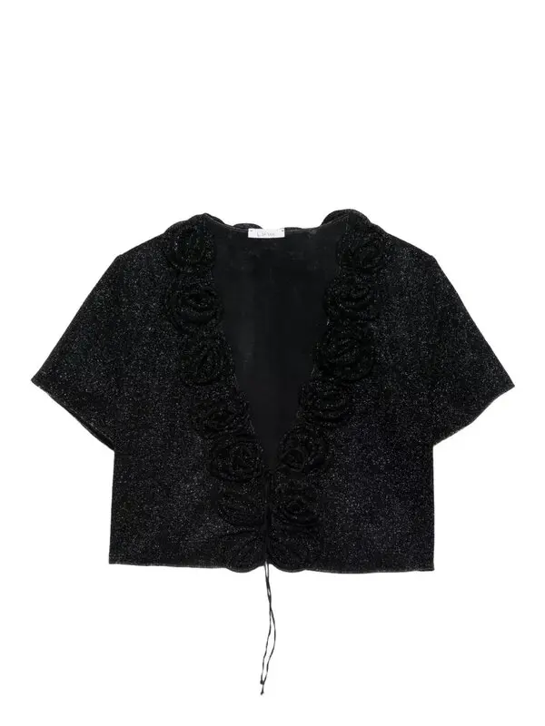 Oseree Glitter-detail Top With Rose Embellishment - Black