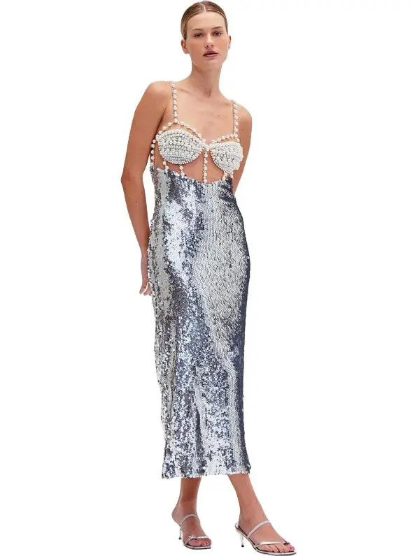 PatBO Sequin Beaded Midi Dress - Silver
