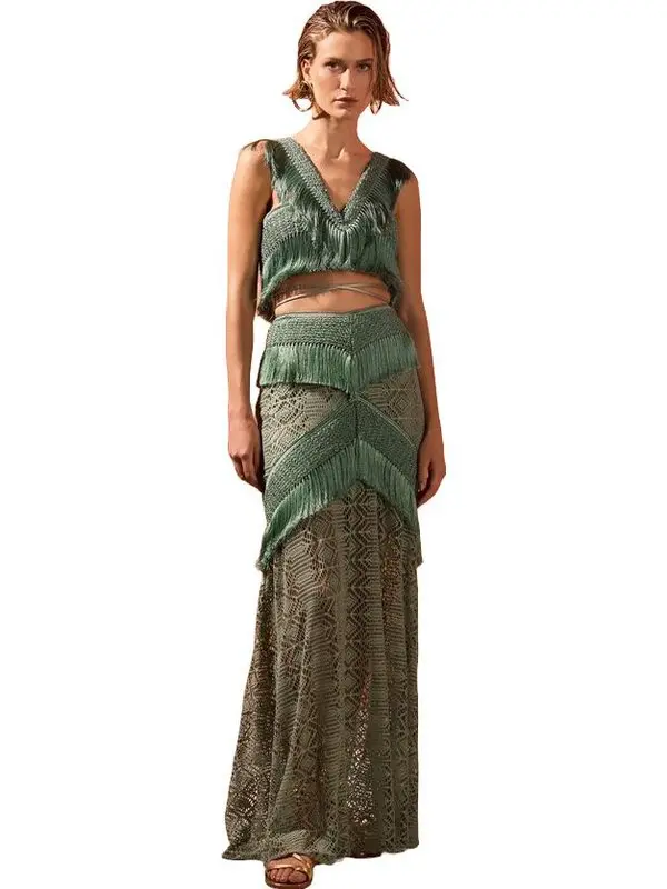 PatBO Samba Fringe Long Skirt - Green