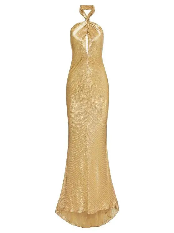 Oscar De La Renta Bugle Bead Lamé Gown - Natural