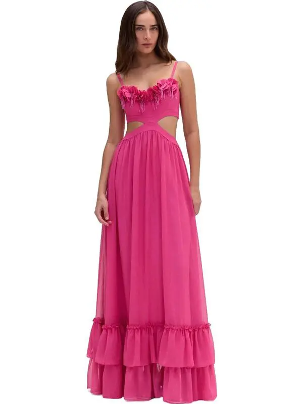 PatBO Silk Plisse Flower Applique Long Dress - Pink