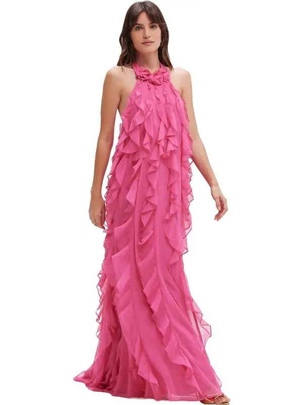 PatBO Silk Plisse Halterneck Long Dress - Pink