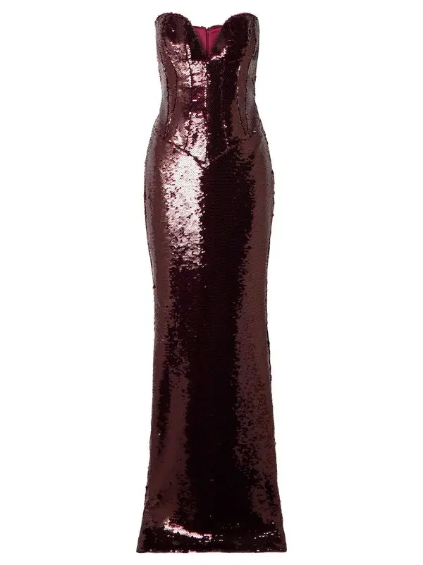 THE NEW ARRIVALS ILKYAZ OZEL Azzurra Strapless Sequined Gown - Burgundy