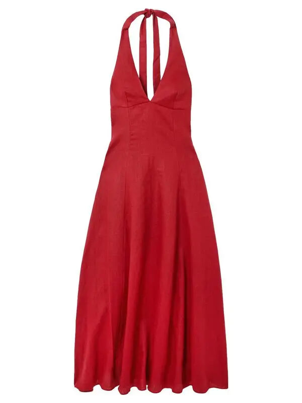 Faithfull The Brand Marais Linen Halterneck Midi Dress - Red