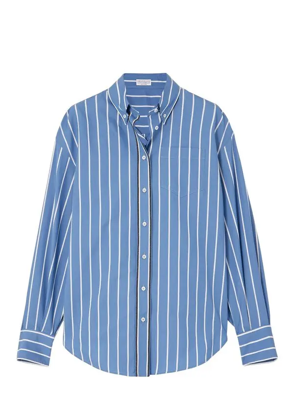Brunello Cucinelli Bead-embellished Striped Cotton And Silk-blend Poplin Shirt - Blue