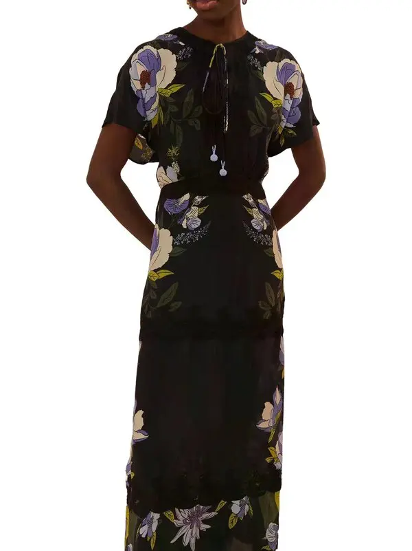 Farm Rio Floral-print Lace-trimmed Midi Dress - Black