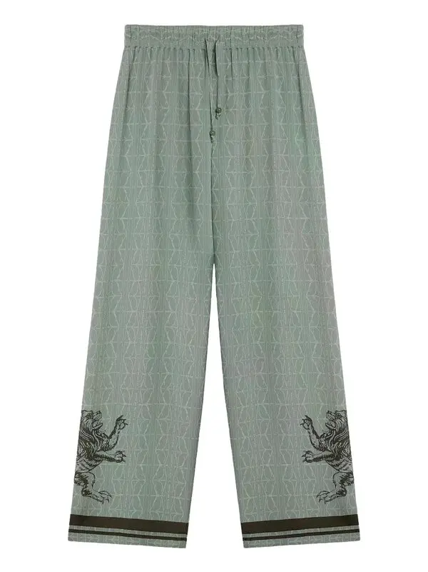 DOMAINE DES ARTISTES Lion-embellished Silk Trousers - Green