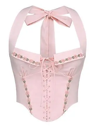 House Of Cb Floral-embroidered Corset Top - Pink