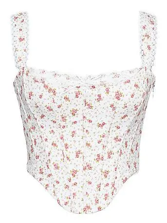 House Of Cb Scalloped-trim Corset Top - White Rose Print