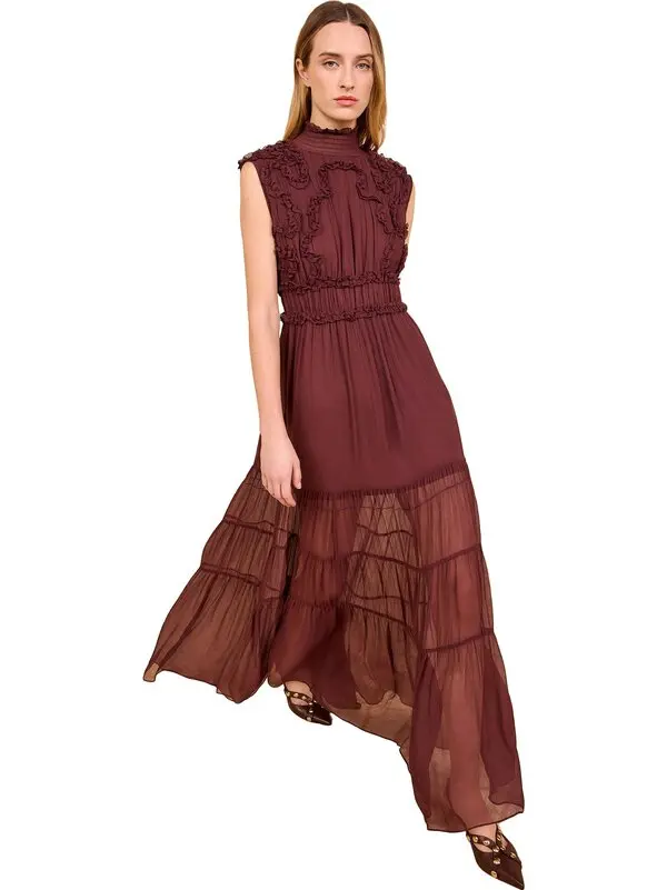 Ulla Johnson Verona Silk Smocked Gown - Mahogany