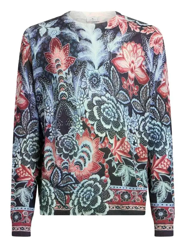 Etro Floral-print Silk-cashmere Sweater - Blue