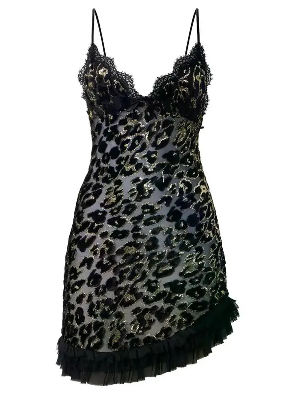 Roberto Cavalli Lace-trimmed Leopard-pattern Mini Dress - Black