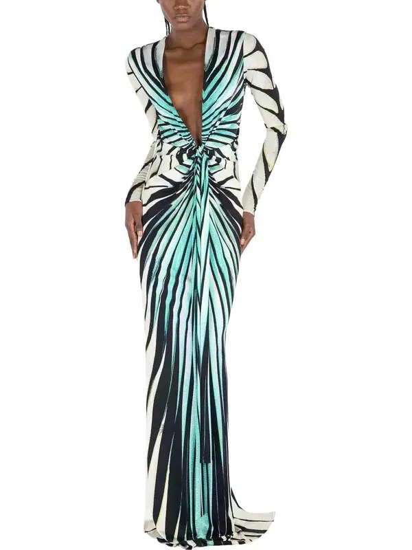 Roberto Cavalli Printed Plunging-neckline Gown - Blue