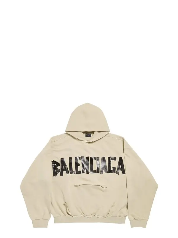 Balenciaga Cotton Distressed Tape Logo Hoodie - Beige