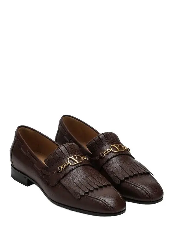 Valentino Garavani Vlogo Signature Leather Moccasin With Fringe - Brown