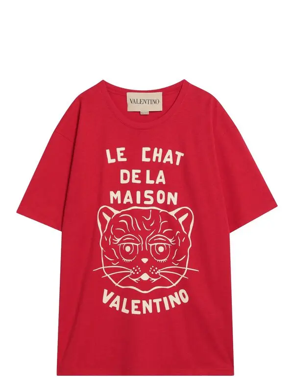 Valentino Garavani Cotton T-shirt With Le Chat De La Maison Print - Red
