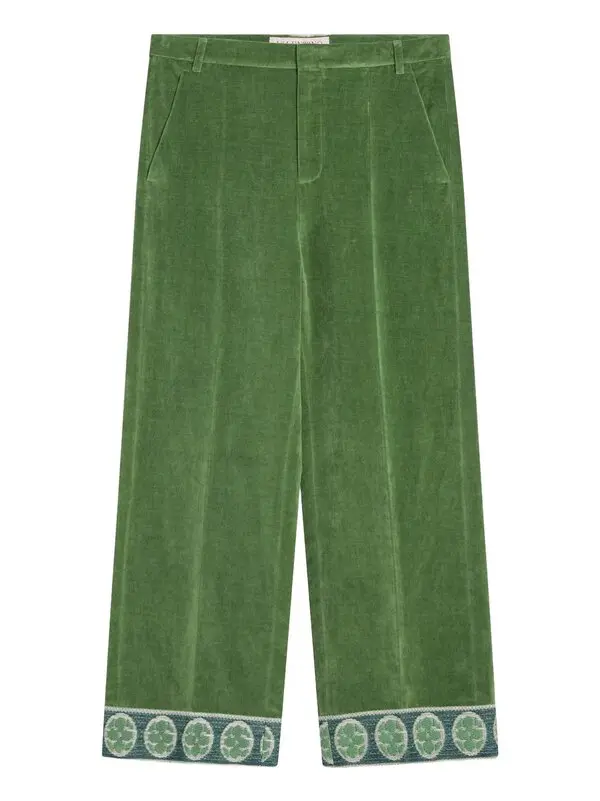 Valentino Garavani Velvet Trousers With Jacquard Hem - Green