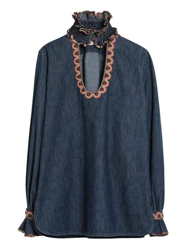 Valentino Garavani Denim Blouse With Embroidered Edges - Blue