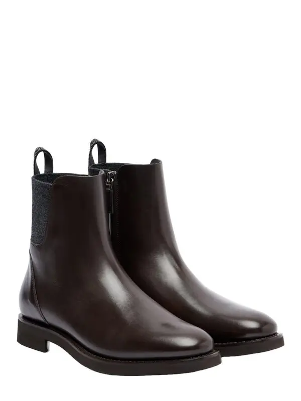 Brunello Cucinelli Chelsea Monili Leather Ankle Boots - Brown
