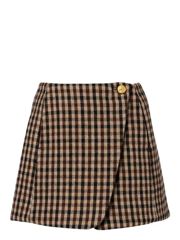 GANNI Checked Wool Wrap Skirt - Brown