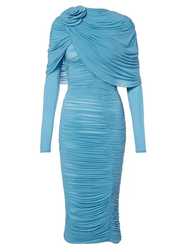 Magda Butrym Floral-appliqué Ruched Caped Midi Dress - Blue