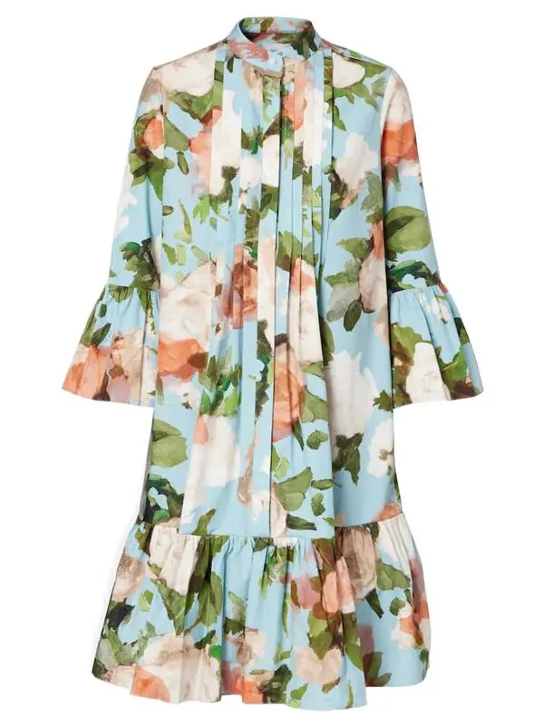 Erdem Floral Gathered Cotton Poplin Minidress - Blue