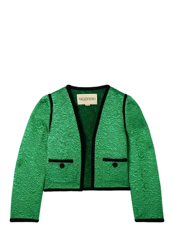 Valentino Garavani Velvet-trimmed Floral-jacquard Wool And Silk-blend Satin Jacket - Green