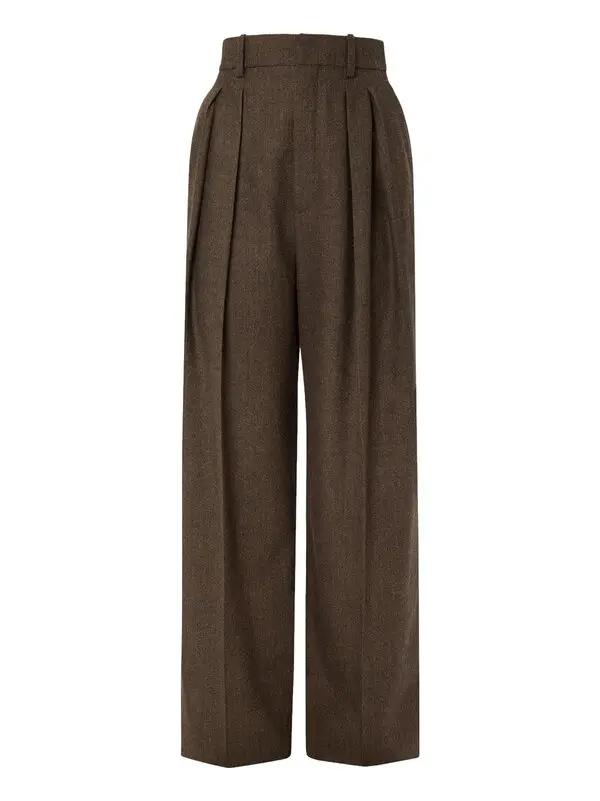 Saint Laurent Pleated Herringbone Wool Wide-leg Pants - Brown