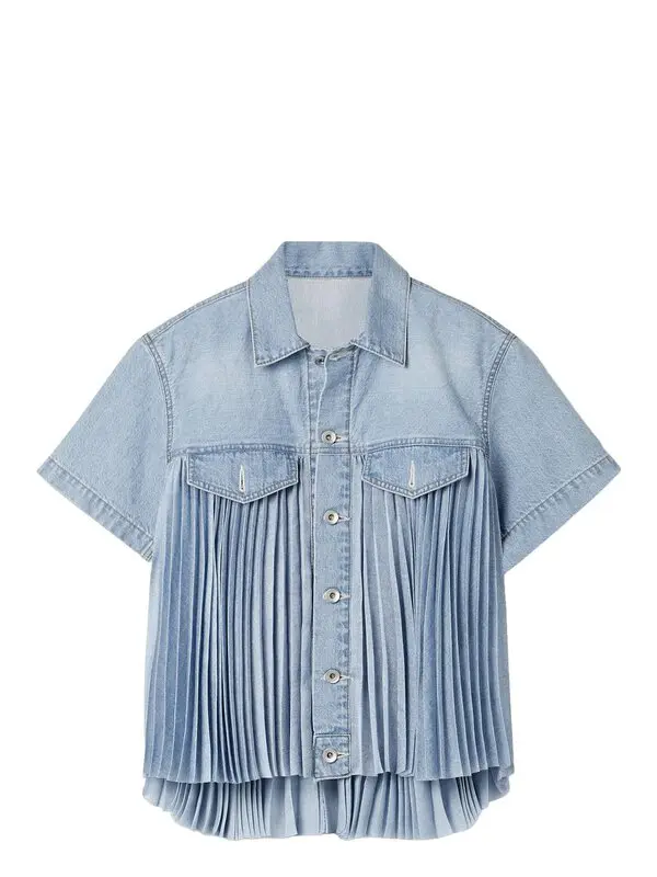Sacai Denim-paneled Pleated Printed Crepe De Chine Shirt - Blue