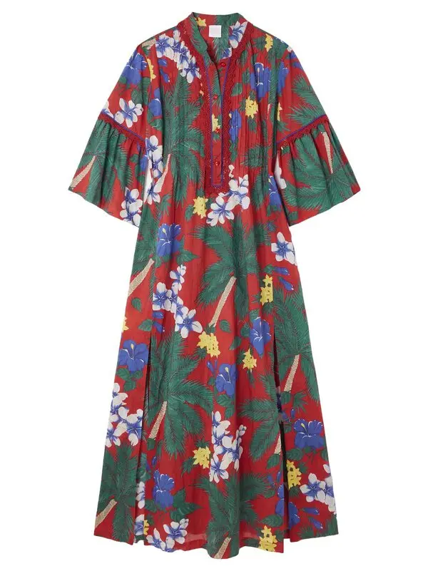Loretta Caponi Alicante Lace-trimmed Floral-print Cotton Midi Dress - Red