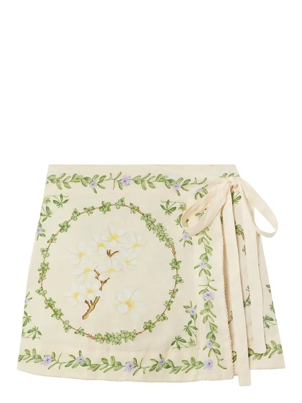 Agua Bendita Luna Wild Floral-print Linen Mini Wrap Skirt - Cream