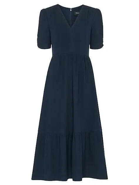 Whistles V-neck Textured Cotton Midi Dress - Navy