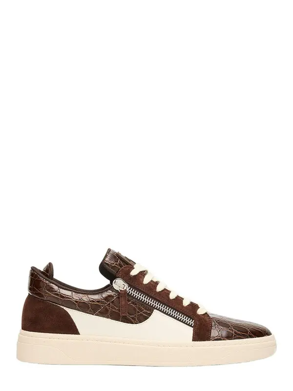 GIUSEPPE ZANOTTI Croc-effect And Suede Zip-up Low-top Sneakers - Caffe