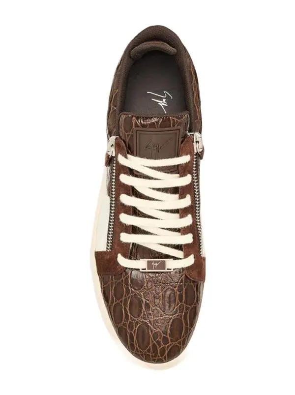 GIUSEPPE ZANOTTI Croc-effect And Suede Zip-up Low-top Sneakers - Caffe
