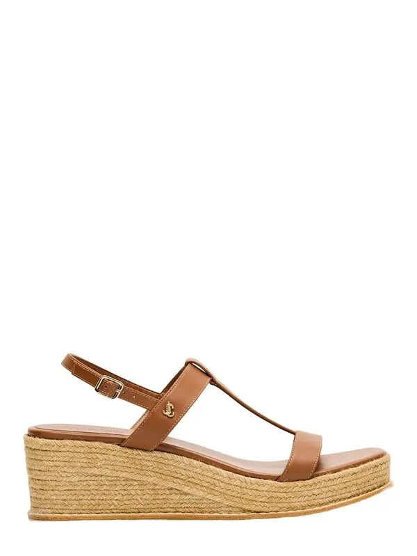 JIMMY CHOO Theia 60 Leather Wedge Sandals - Tan