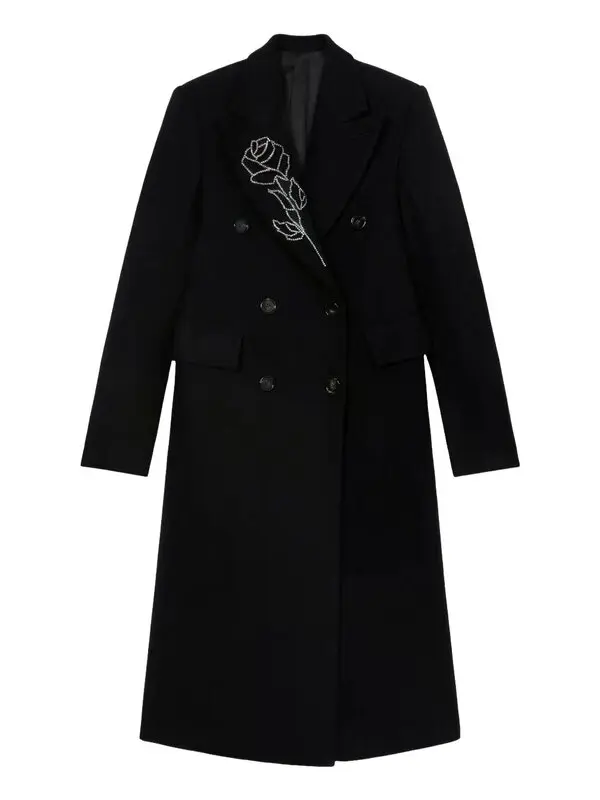 Blumarine Floral-embroidered Double-breasted Coat - Black