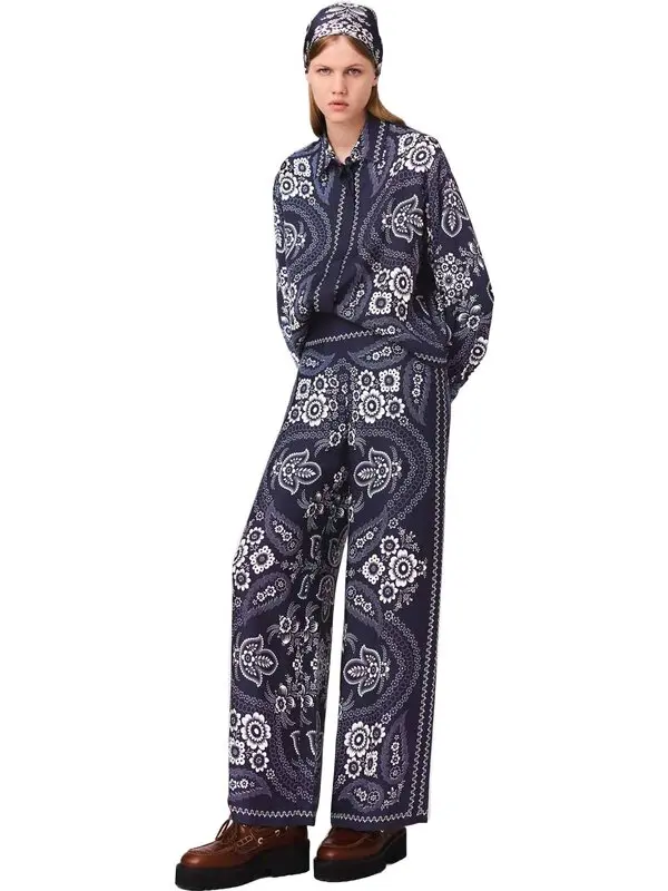 Maje Viscose Bandana Print Trousers - Navy Bandana Print