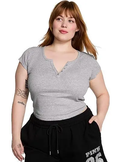 Pink Multi Rib Henley Tee - Grey