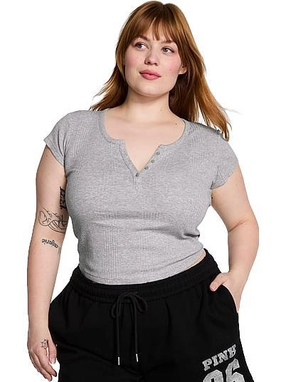 Pink Multi Rib Henley Tee - Grey