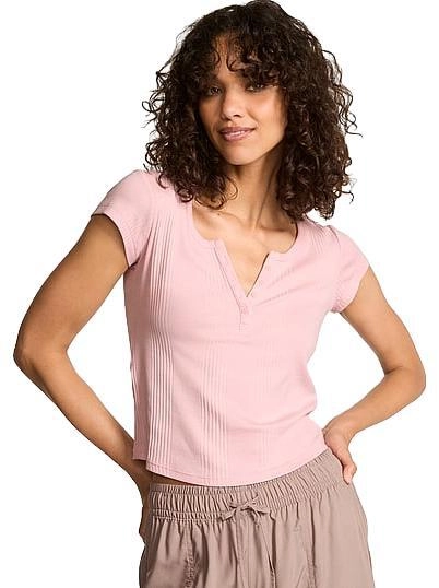 Pink Multi Rib Henley Tee - Pink