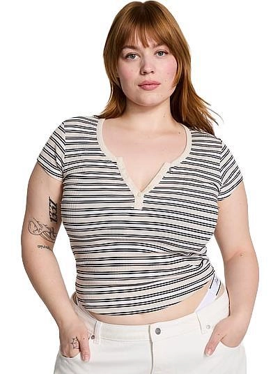 Pink Multi Rib Henley Tee - Print