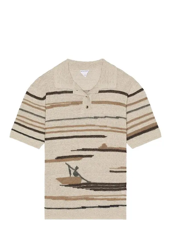 Bottega Veneta Linen Graphic Knit Polo In Brown - Bone  Truffle  & Chalk