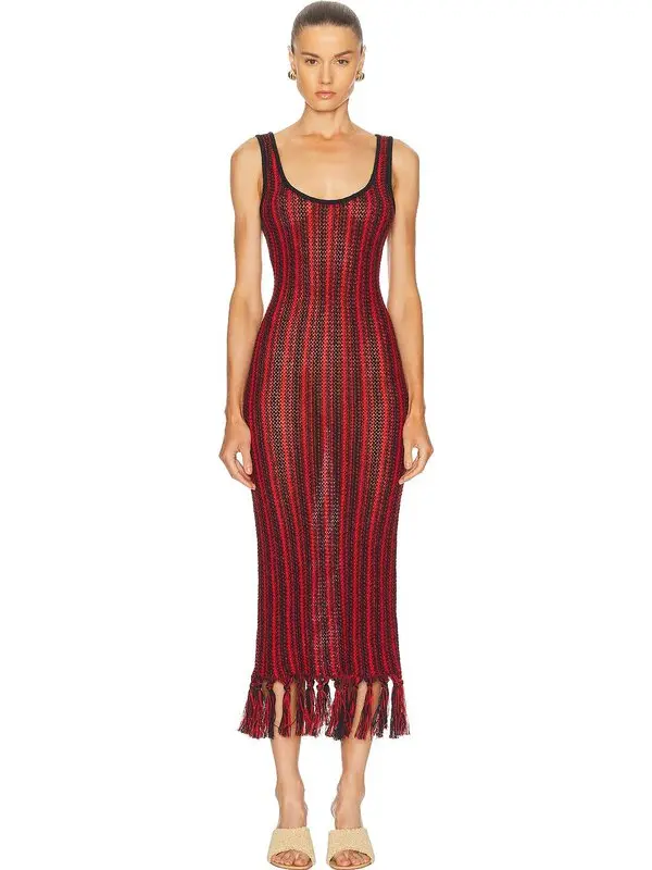 THE ELDER STATESMAN Stripe Scoopneck Fringe Dress - Black & Tomato